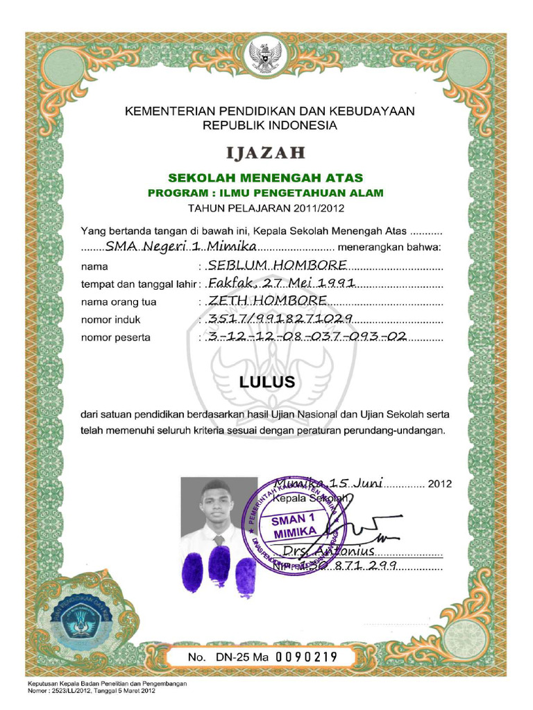 IJAZAH SMA 2012 copy | PDF
