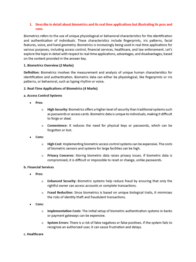 Describe in Detail About Biometrics and Its Real Time Applications But ...