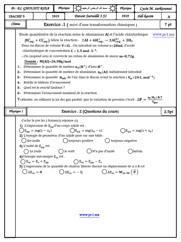 c3 s1 1bac PC FR Prof - Elghouati - (WWW - Pc1.ma) | PDF