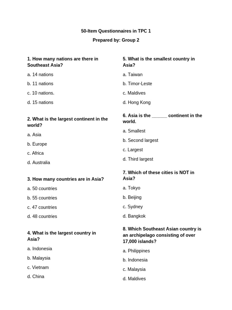 50 Item Questionnaire TPC1 Group 2 | PDF