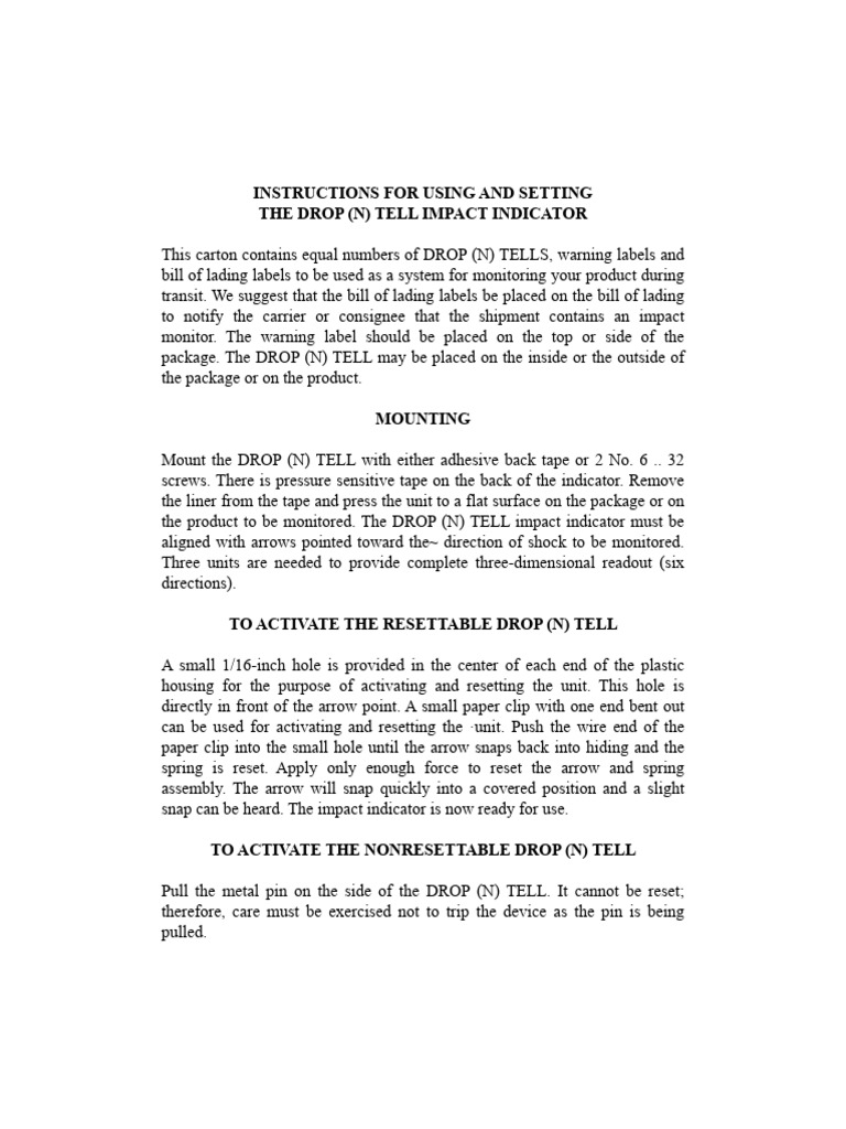Instructions For Using and Setting The Drop N Tell Impact Indicator | PDF