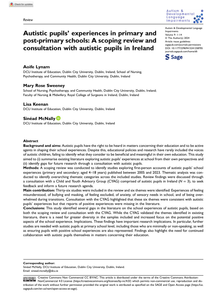 Lynam Et Al 2024 Autistic Pupils Experiences in Primary and Post ...