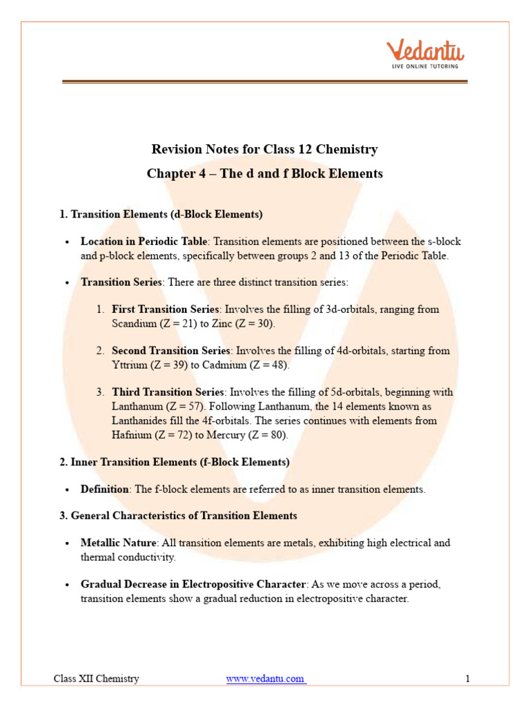 The D and F Block Elements Class 12 Notes PDF - CBSE Chemistry Chapter ...