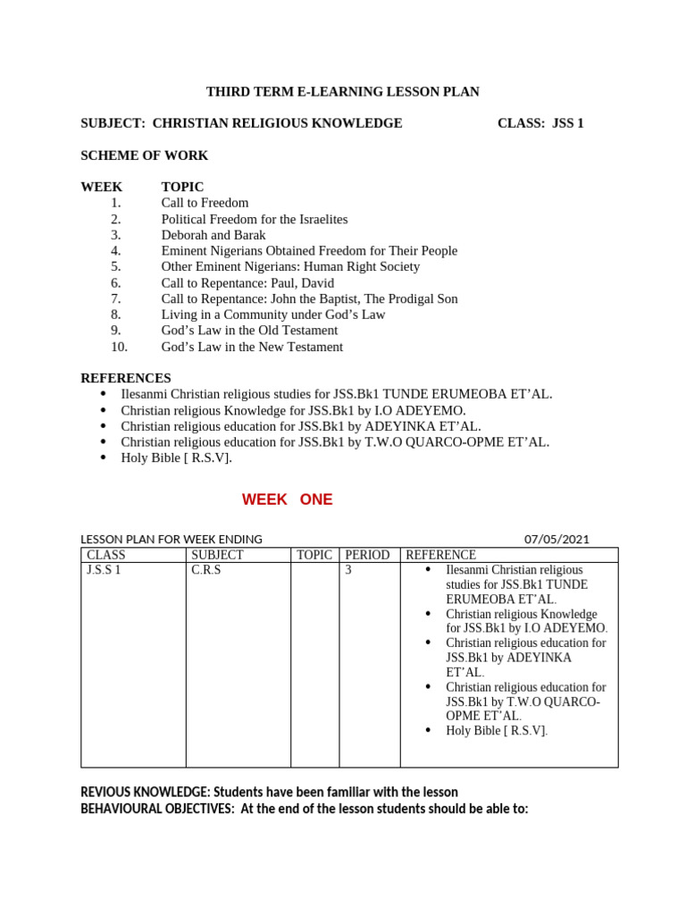 Lesson Plan For JSS1 CRS | PDF
