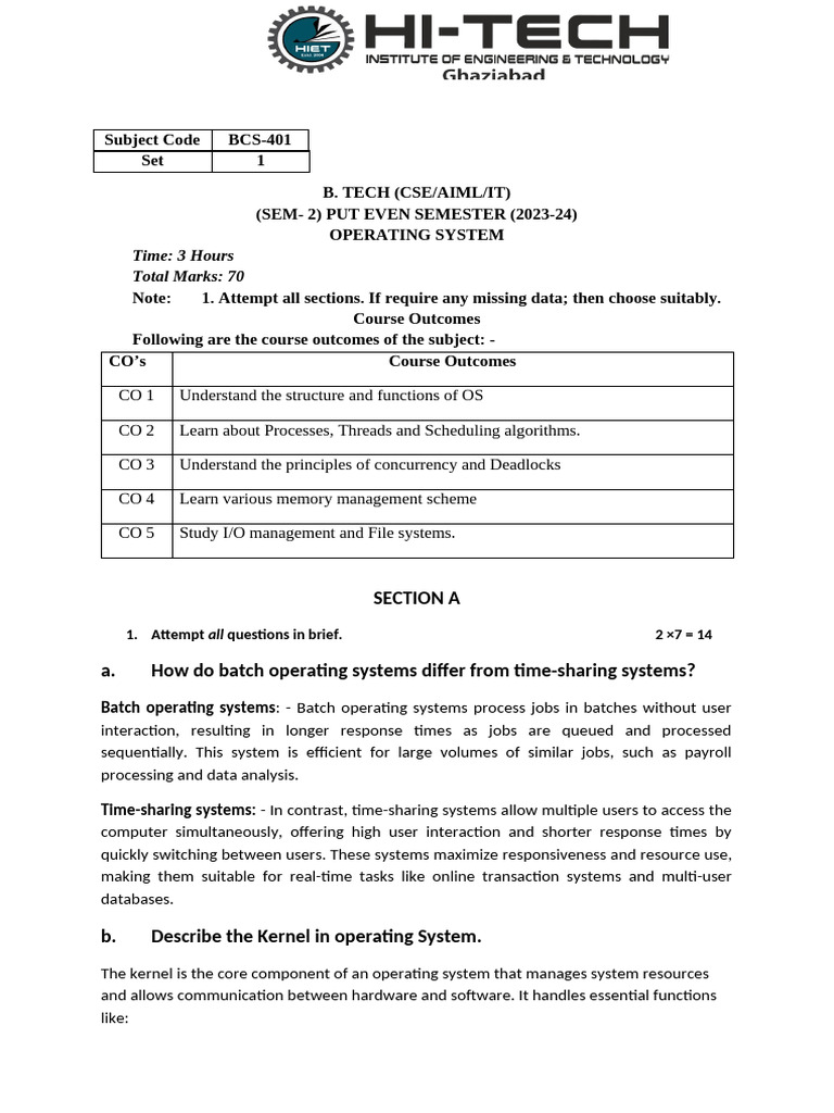PUT OS-BCS401 Set-1 Solution. | PDF
