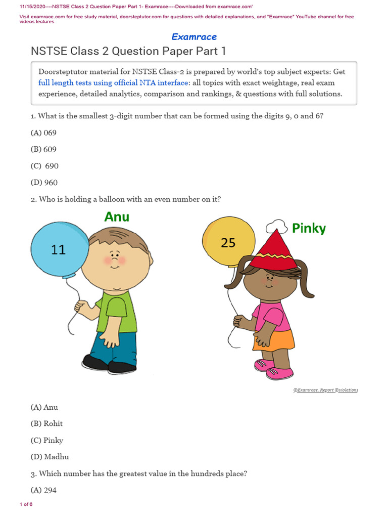 NSTSE Class 2 Question Paper 2018 Part 1 | PDF