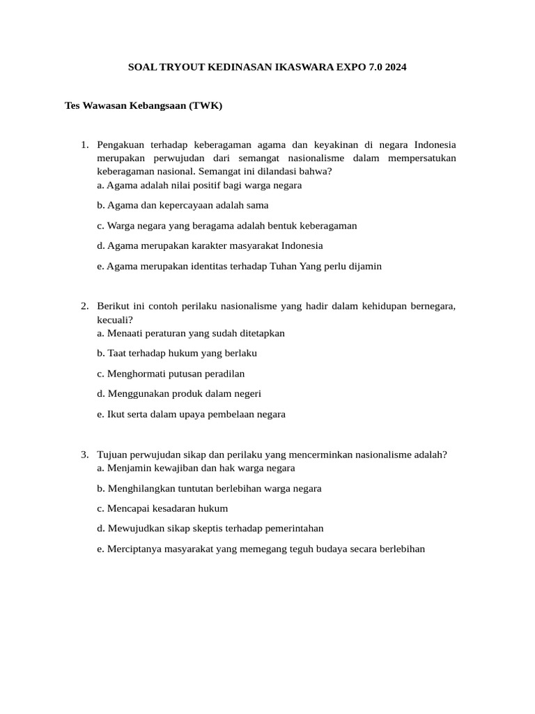 Soal Tryout Kedinasan Ikaswara Expo 7.0 2024 Fix | PDF