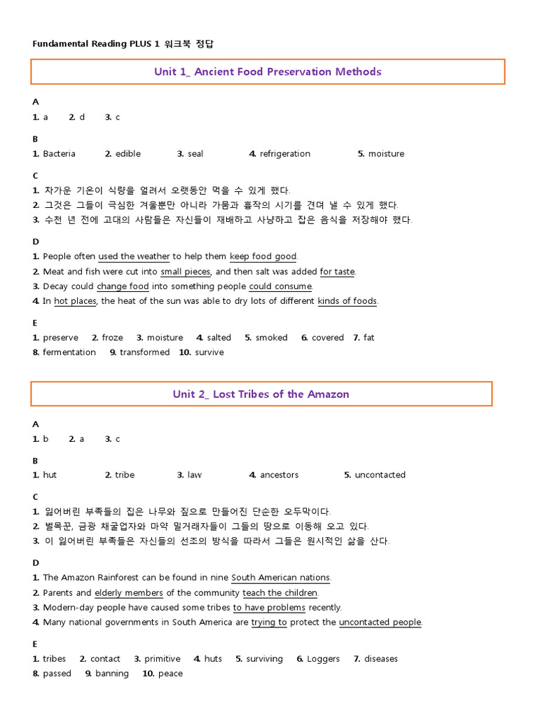 Fundamental Reading Plus 1 - 워크북 정답 | PDF