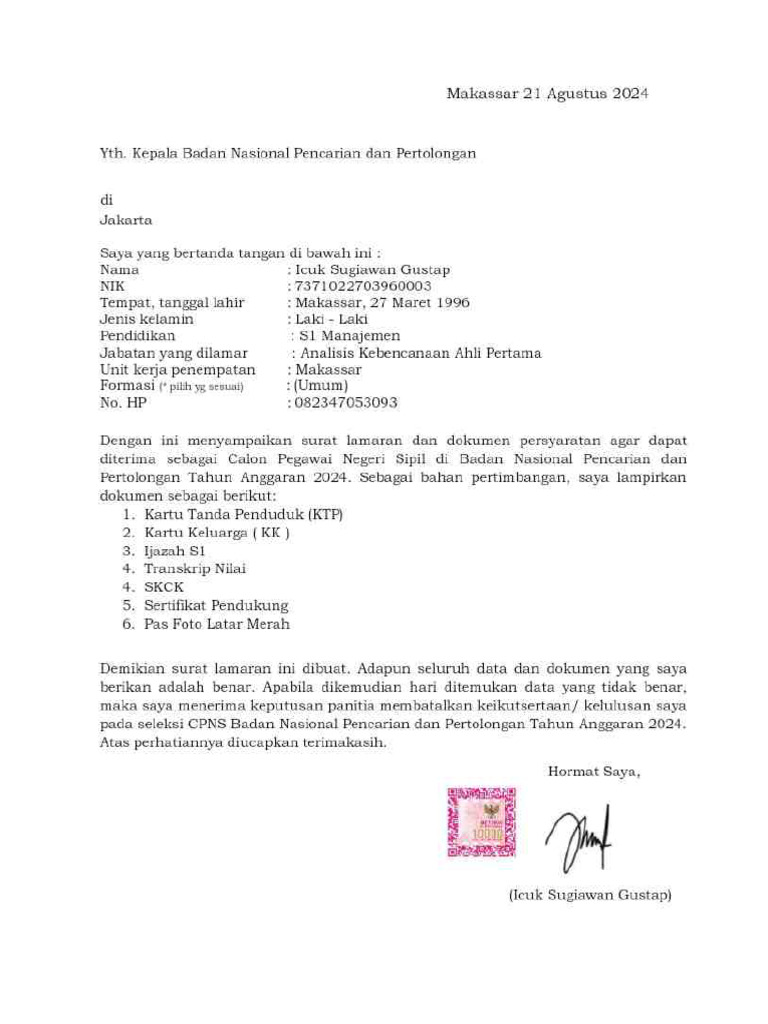 Surat Lamaran Asn - 11zon | PDF