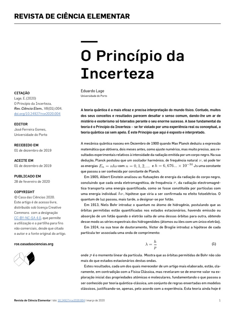 O Princípio Da Incerteza: Revista de Ciência Elementar | PDF