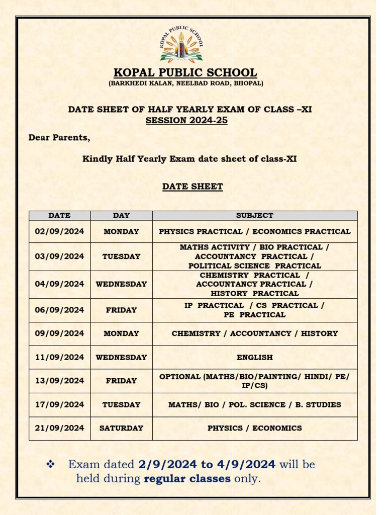 XI Class Half-Yearly-Time Table & Syllabus | PDF