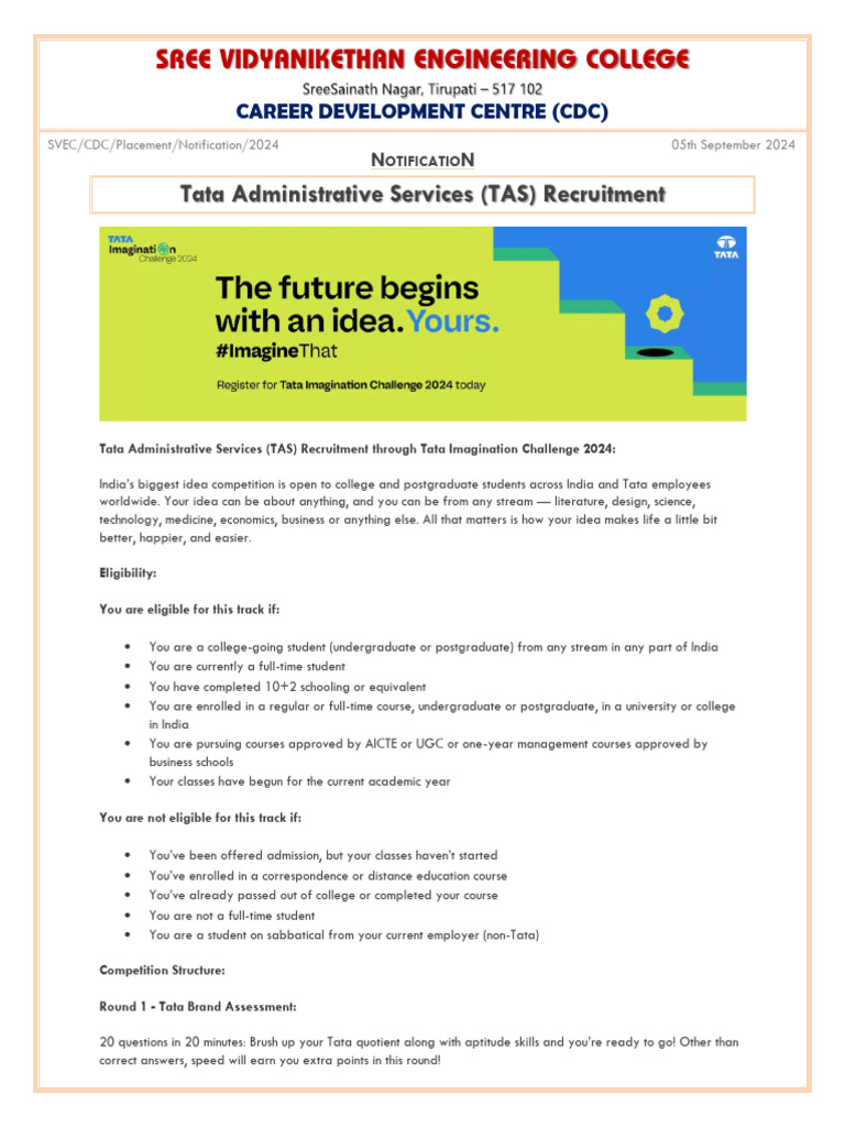 Tata Administrative Services (TAS) Recruitment 2025 Batch Notification | PDF