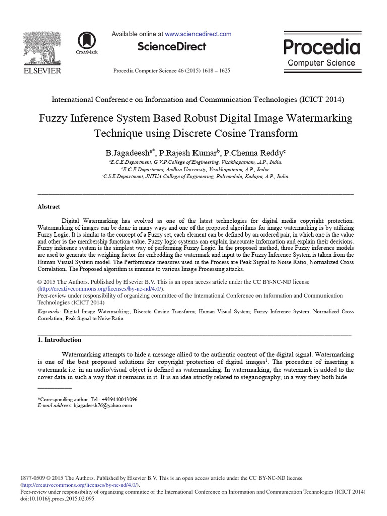 Fuzzy Inference System Based Robust Digital Image Watermarking Technique Using Discrete Cosine ...