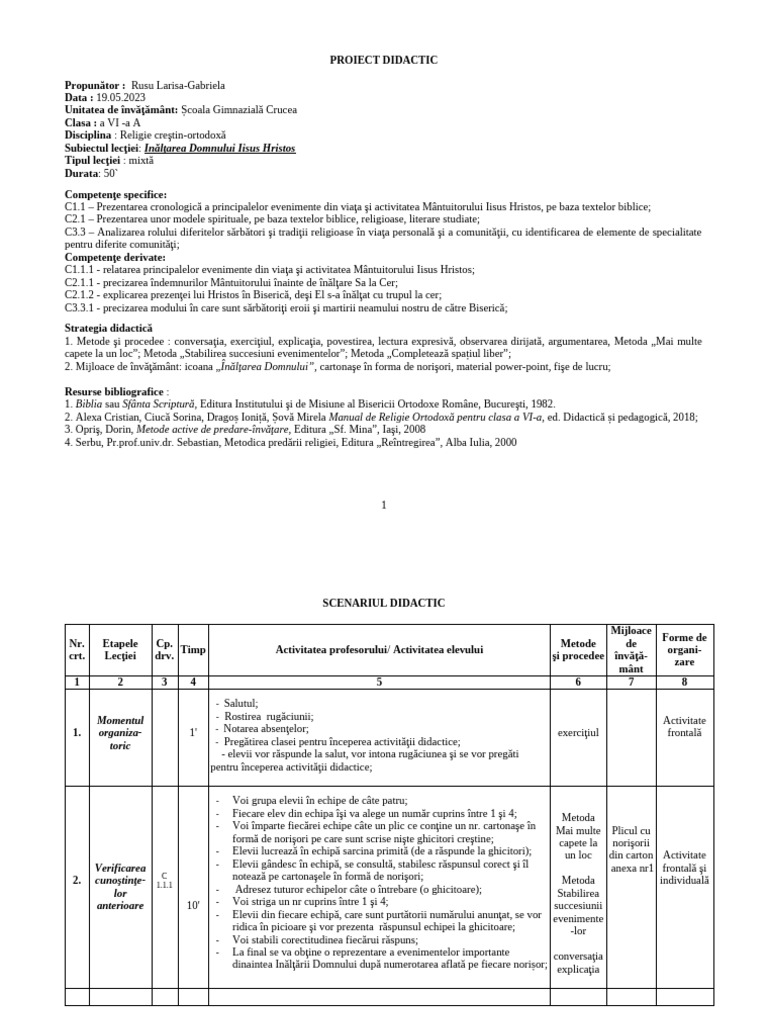 Proiect de Lecție - Înălțarea Domnului Clasa A 6 A | PDF
