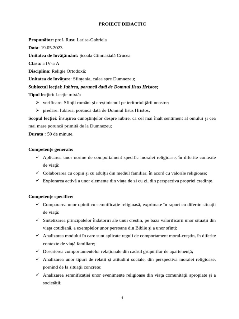 Proiect de Lectie - Clasa 4 | PDF