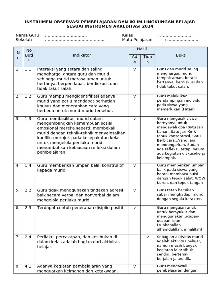 Contoh Instrumen Observasi Pembelajaran Dan Iklim Sekolah | PDF