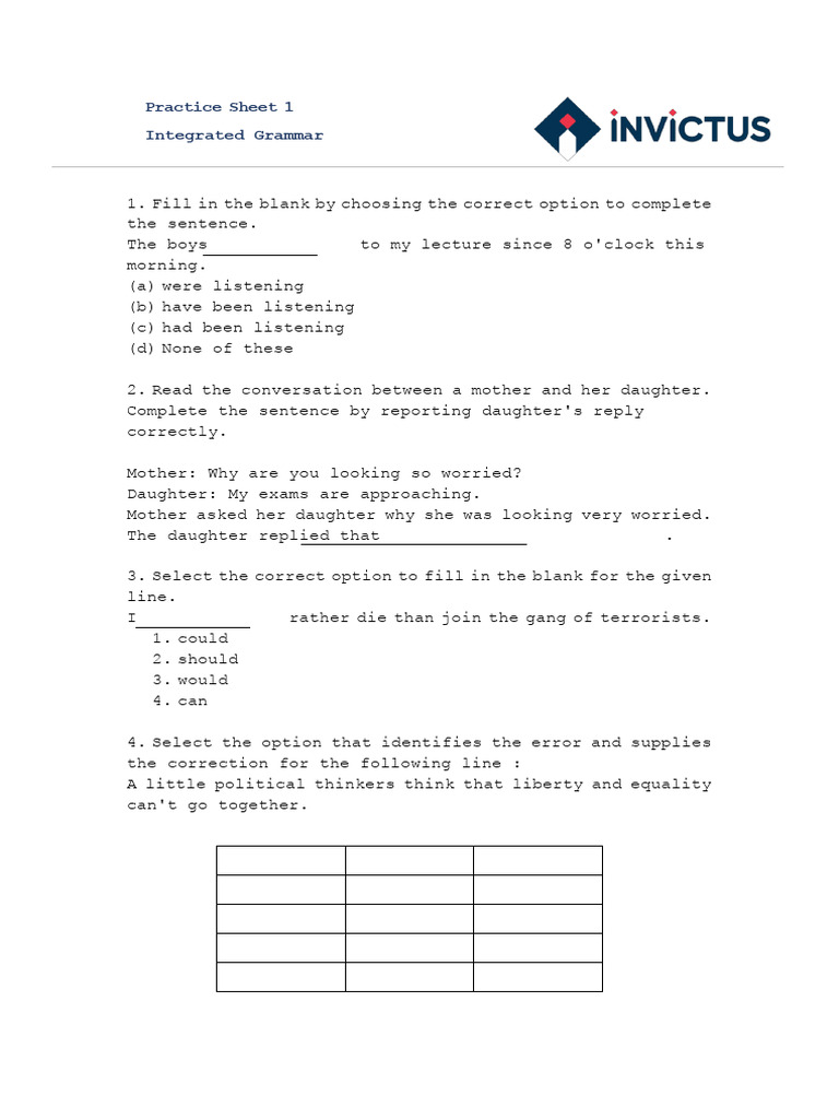 Practice Sheet 1-Grammar | PDF