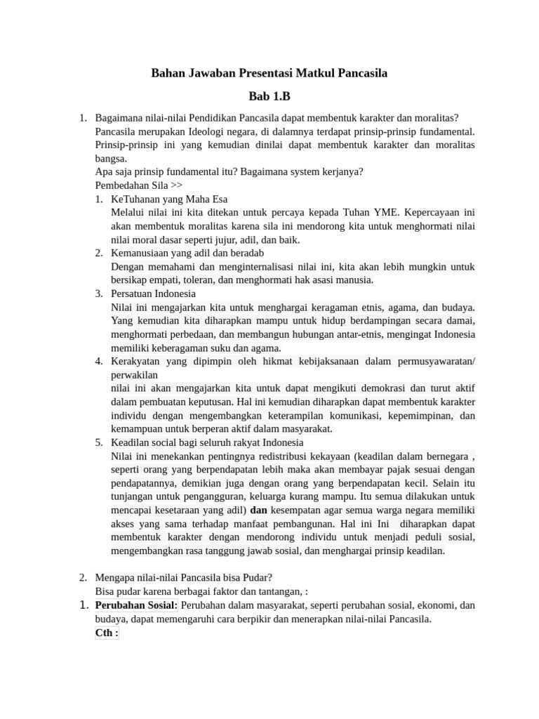 Bahan Jawaban Presentasi Matkul Pancasila | PDF