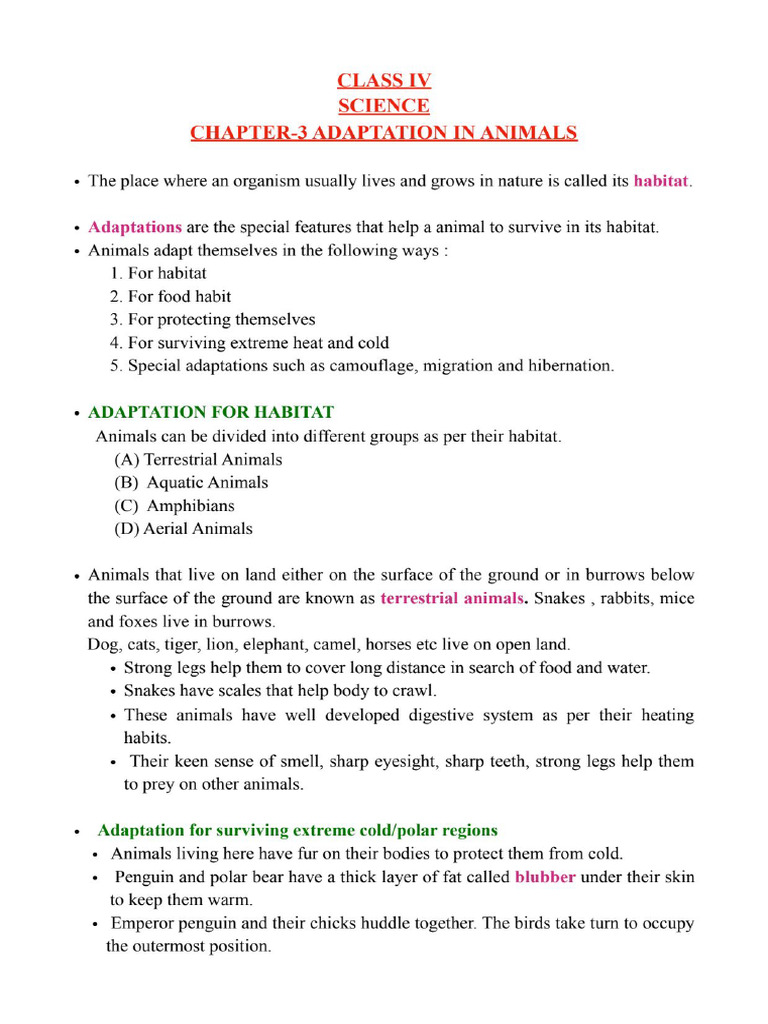 Class 4 - Science Chapter - 3 Adaptations in Animals | PDF