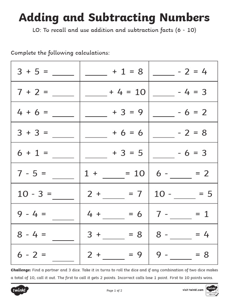 T N 2188 Number Facts Worksheet 6 10 | PDF