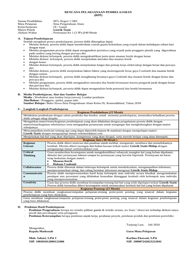 RPP 1 Lembar IPA Kelas 9 k13 Listrik | PDF