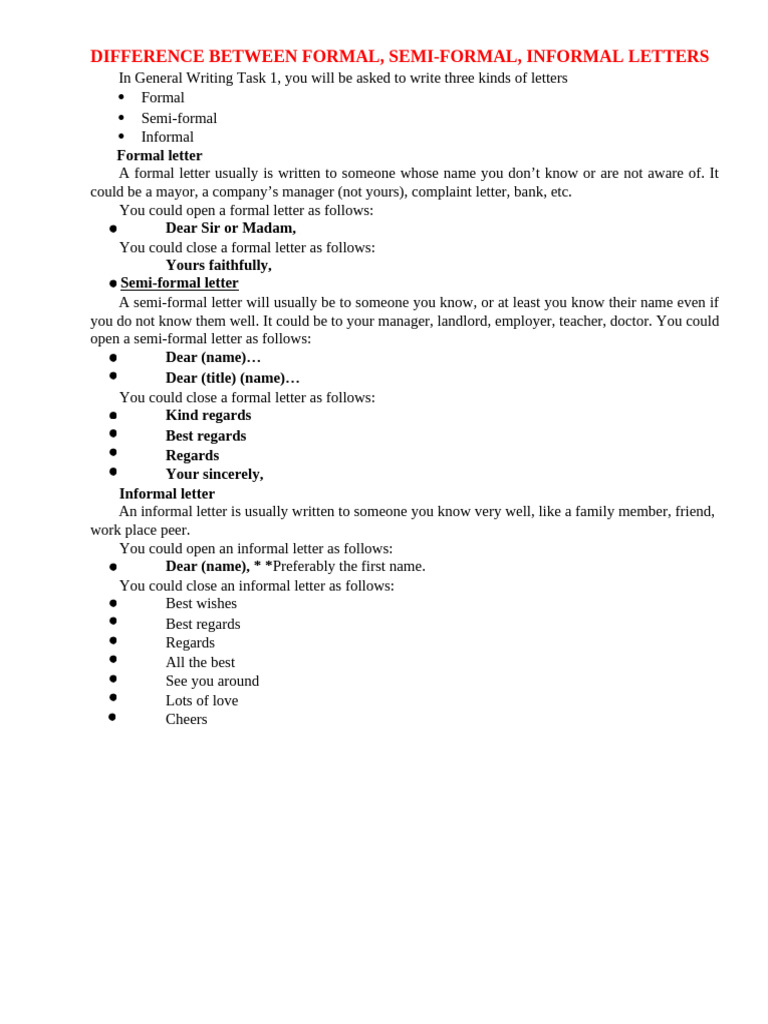 Difference Between Formal, Semi-Formal, Informal Letters | PDF