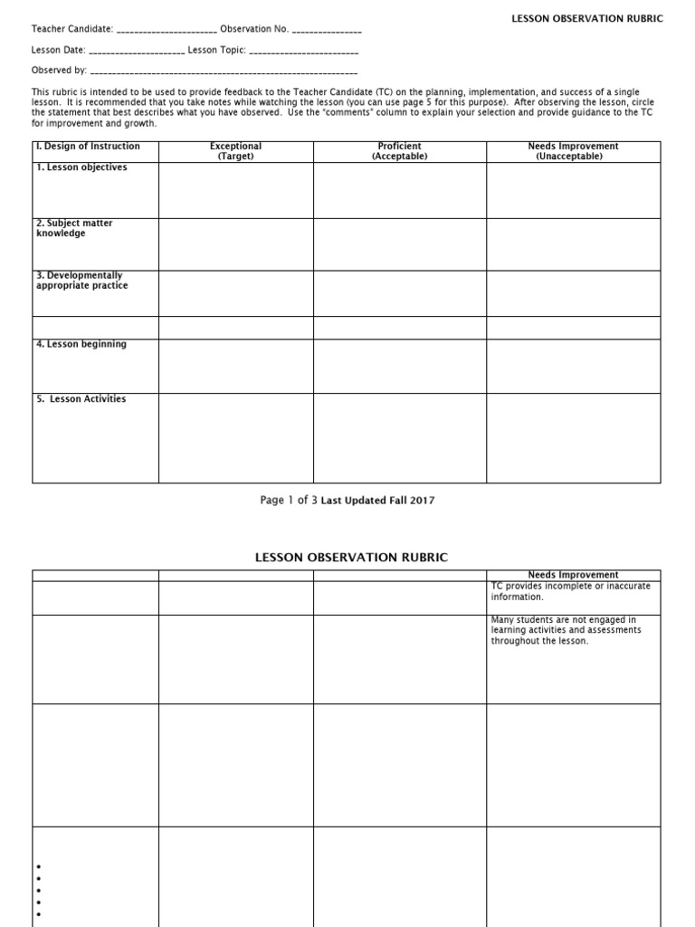 Lesson Observation Rubric | PDF | Rubric (Academic) | Nonverbal ...