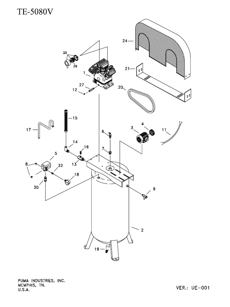 Puma Te5080v Air Compressor Spare Parts List (Parts Breakdown) - Ue001 ...