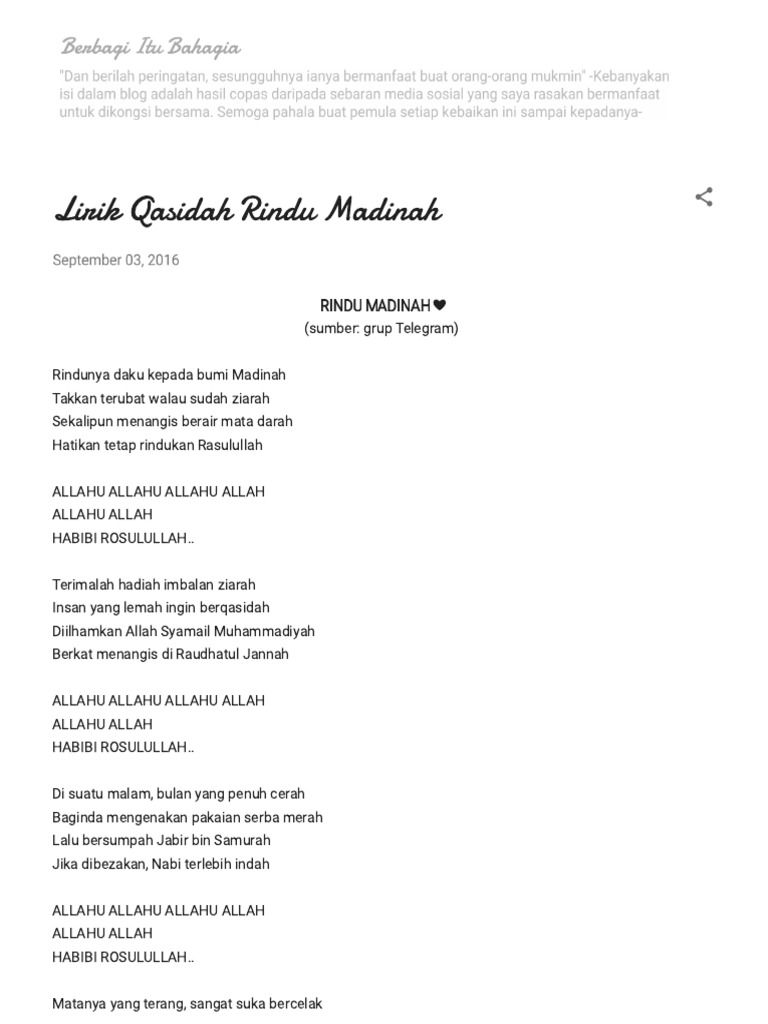 Lirik Qasidah Rindu Madinah | PDF