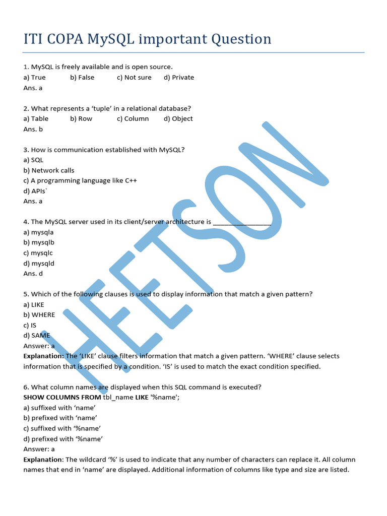 ITI COPA MySQL MCQ | PDF