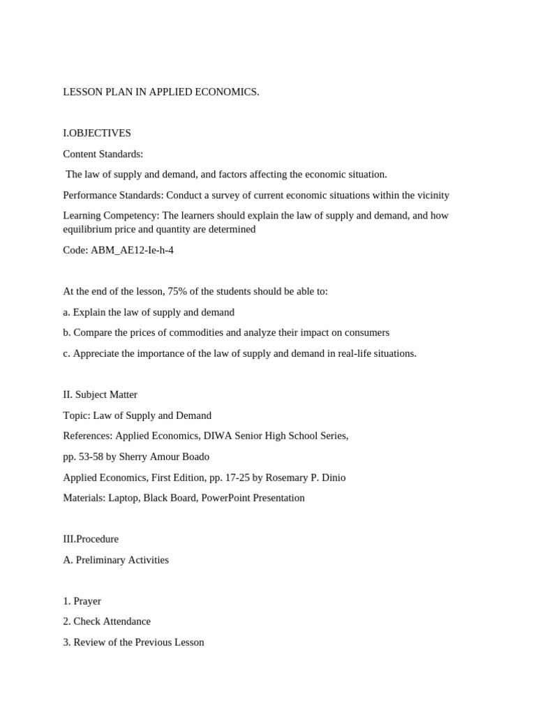 LESSON PLAN IN APPLIED ECONOMICS Tentative | PDF