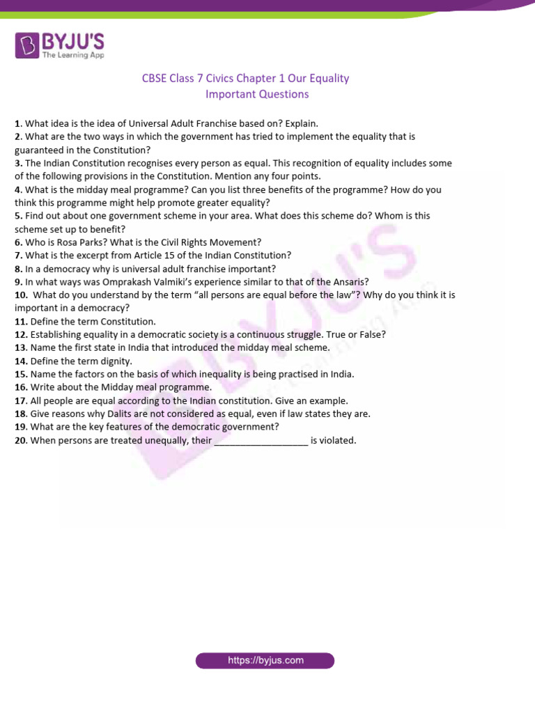 CBSE Class 7 Civics Chapter 1 Our Equality Important Questions | PDF