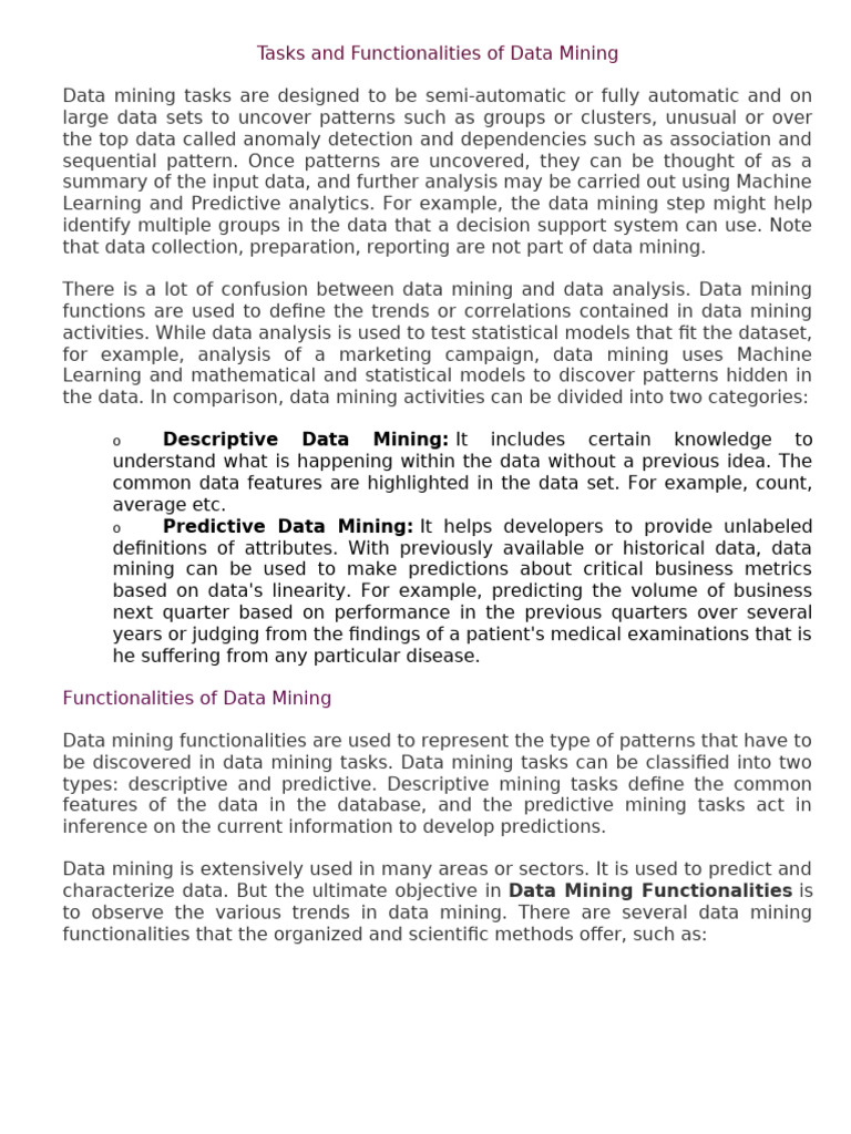 Tasks and Functionalities of Data Mining | PDF
