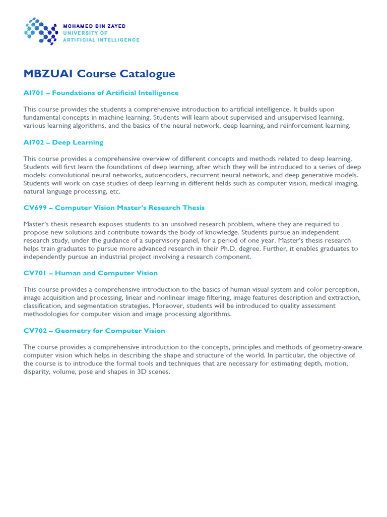 MBZUAI Course Catalogue Overview | PDF | Machine Learning | Art