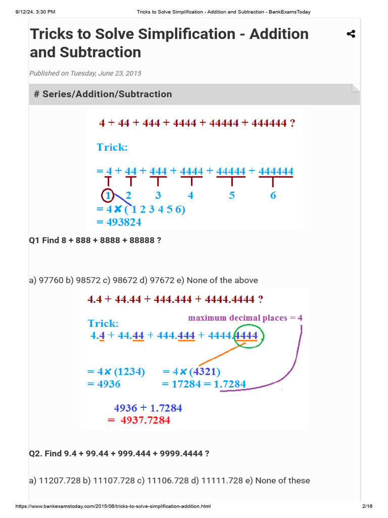 Tricks To Solve Simplification - Addition and Subtraction - BankExamsToday | PDF | Arithmetic ...