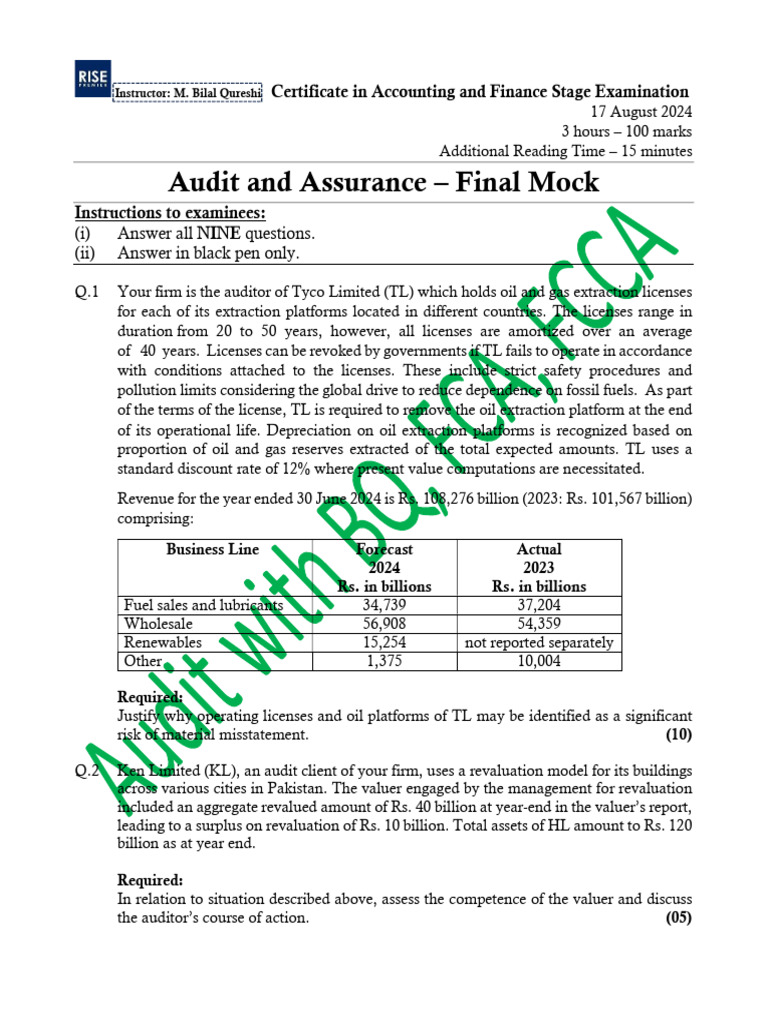 CAF-8 Audit Final Mock Autumn 2024 by BQ, FCA, FCCA | PDF