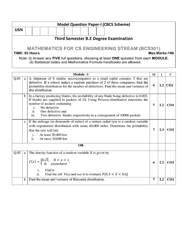3rd Sem Mathematics Model Question Paper 1 For 3rd Semester BCS301 | PDF