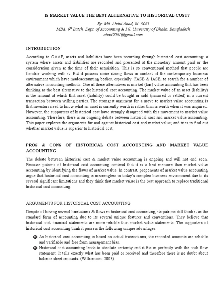 Market Value Vs Historical Cost | PDF | Historical Cost | Debits And ...