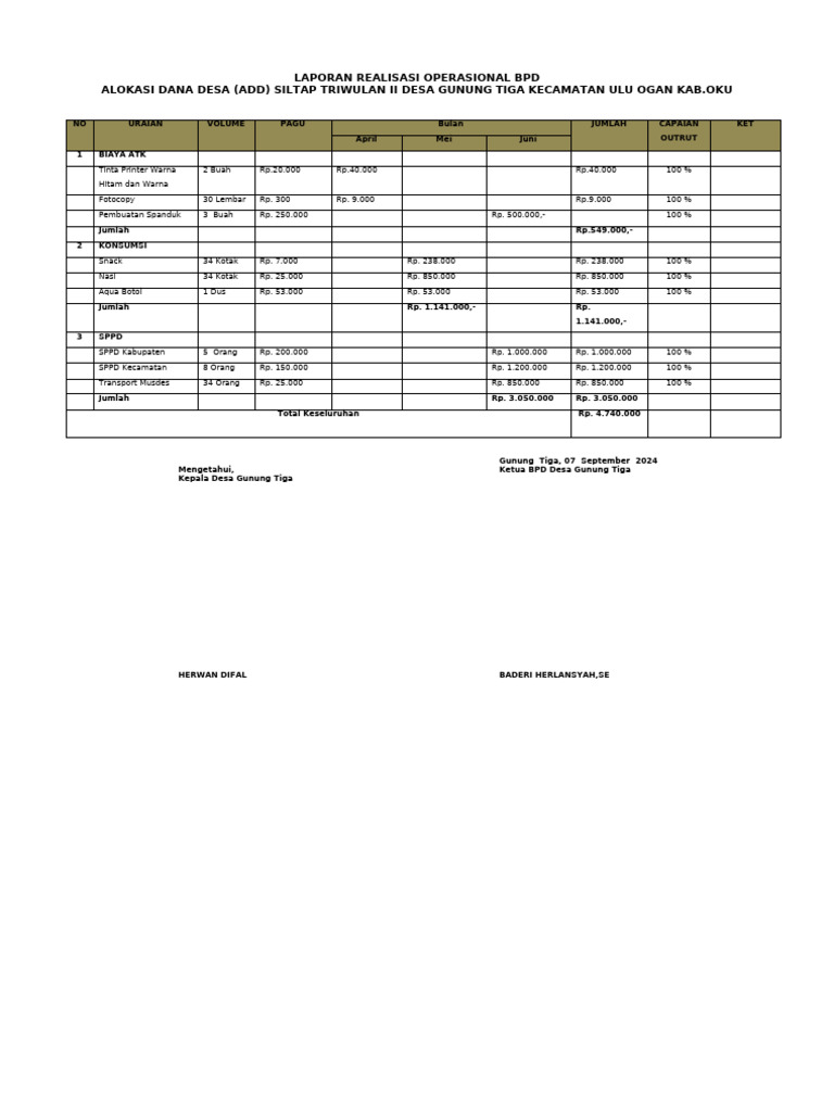 Laporan Realisasi Operasional BPD | PDF