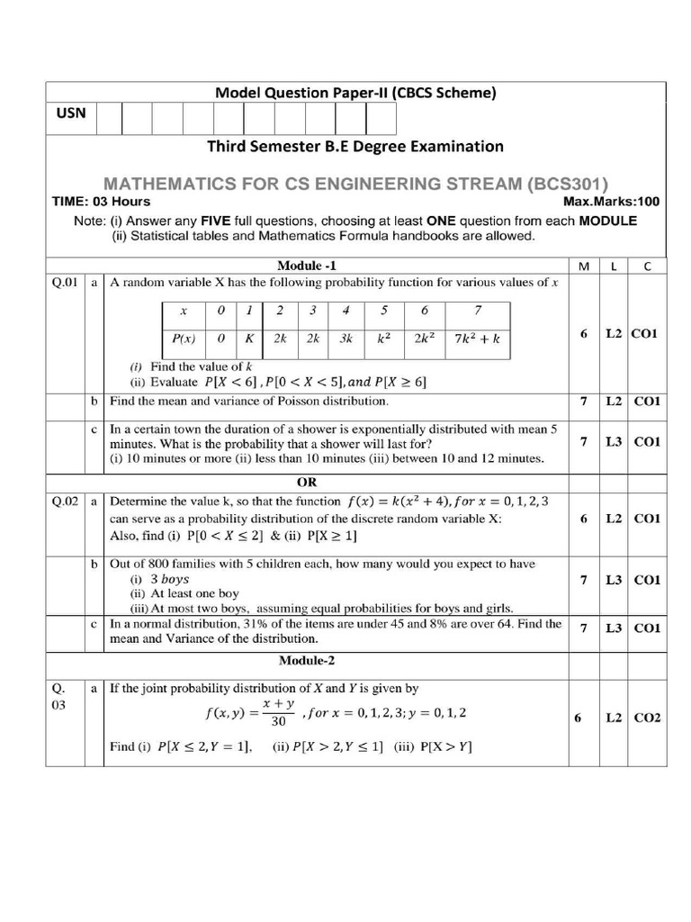 3rd Sem Mathematics Model Question Paper 2 For BCS301 | PDF
