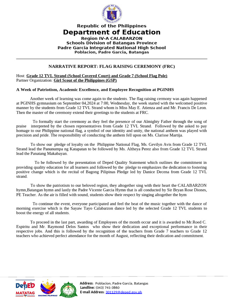 FRC Narrative Report SY 2023 2024 Format | PDF