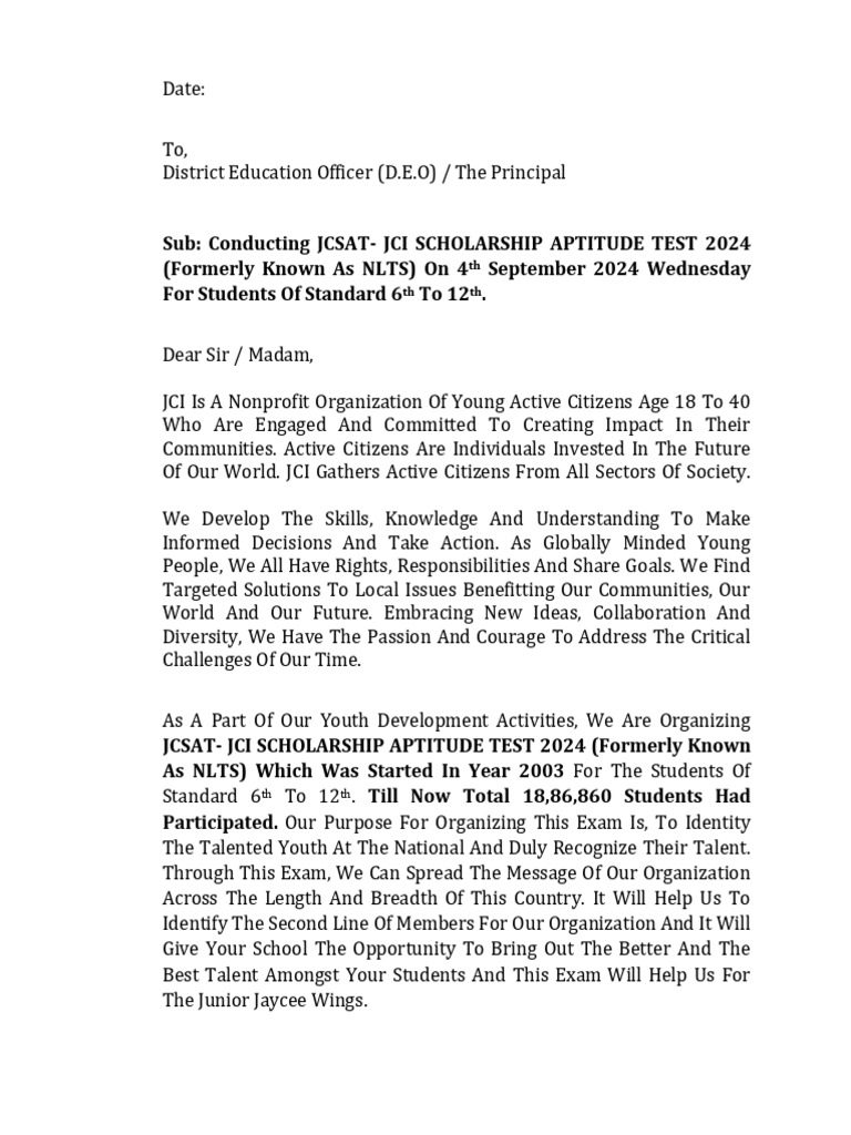 Format of School Approach Letter - JCSAT | PDF
