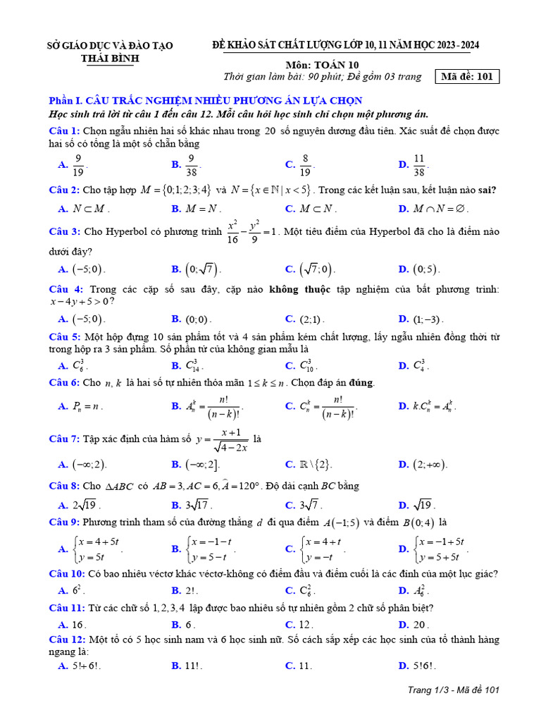 De Khao Sat Chat Luong Toan 10 Nam 2023 2024 So GDDT Thai Binh | PDF