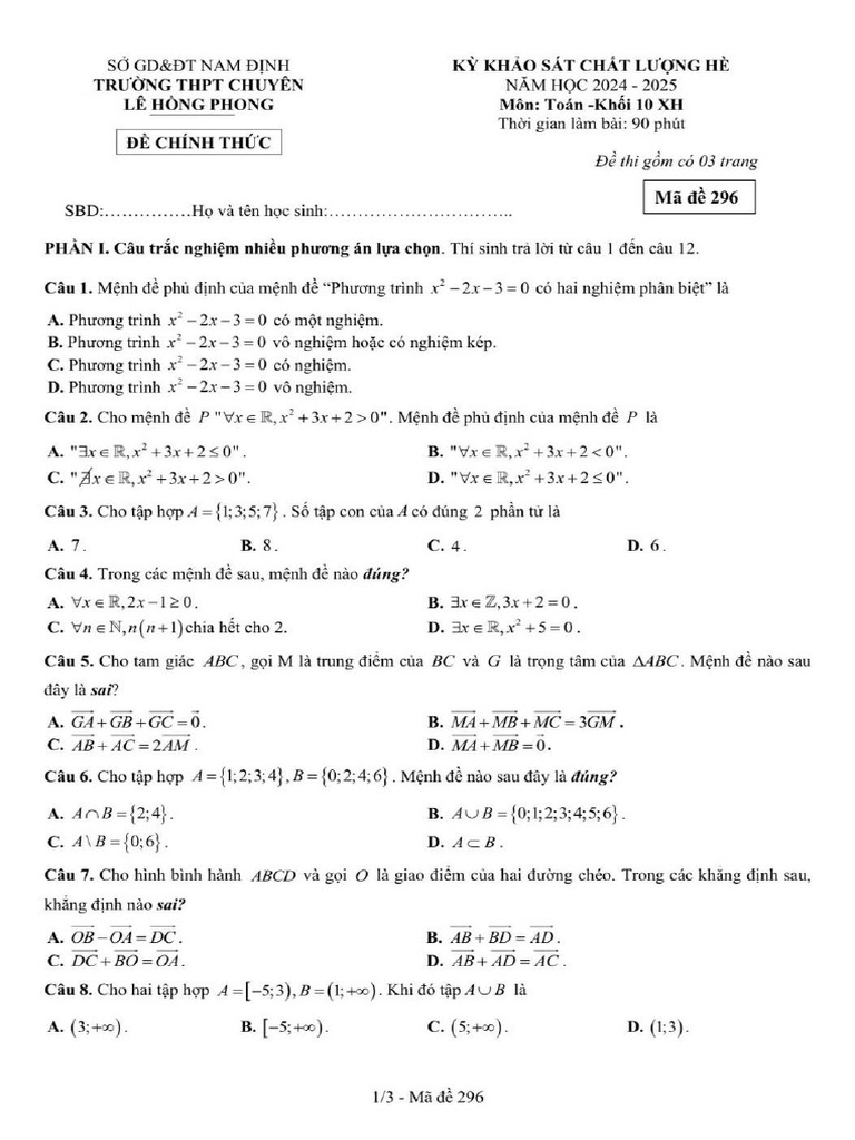 De Khao Sat He Toan 10 Nam 2024 2025 Truong Chuyen Le Hong Phong Nam Dinh | PDF