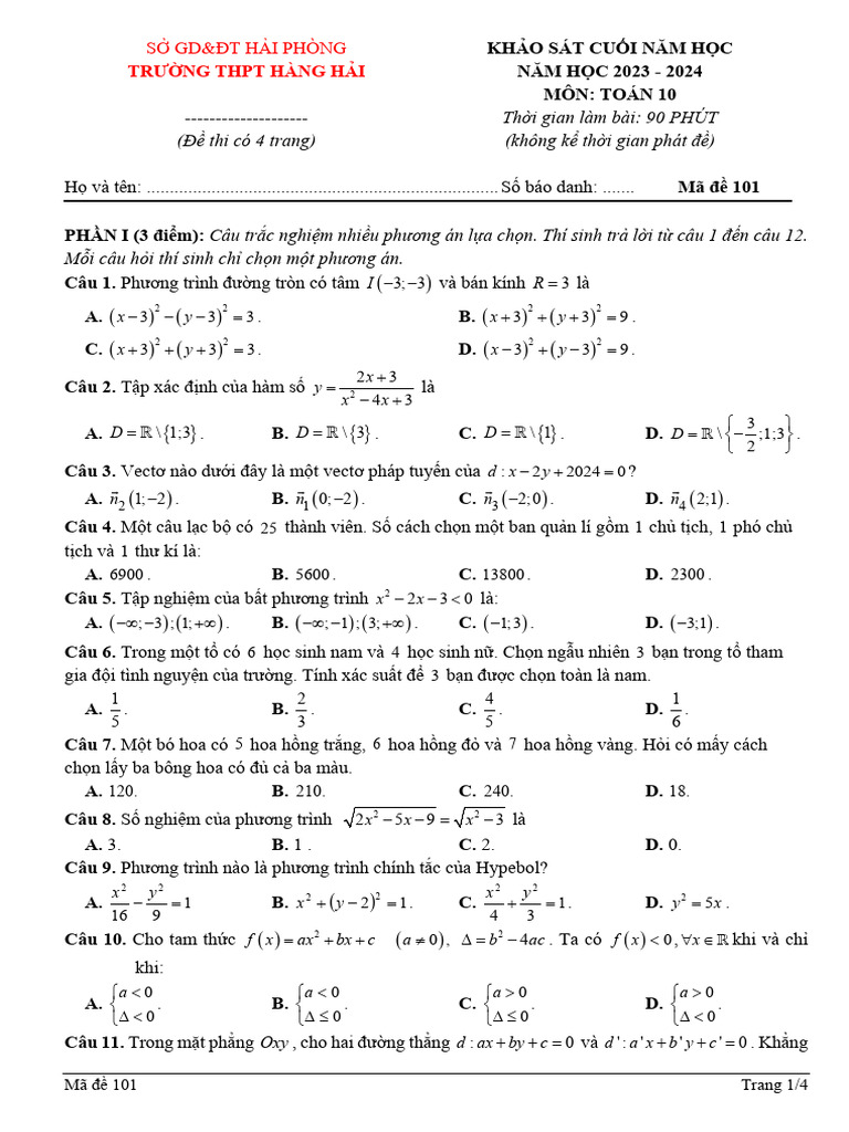 De Khao Sat Toan 10 Cuoi Nam 2023 2024 Truong THPT Hang Hai Hai Phong | PDF