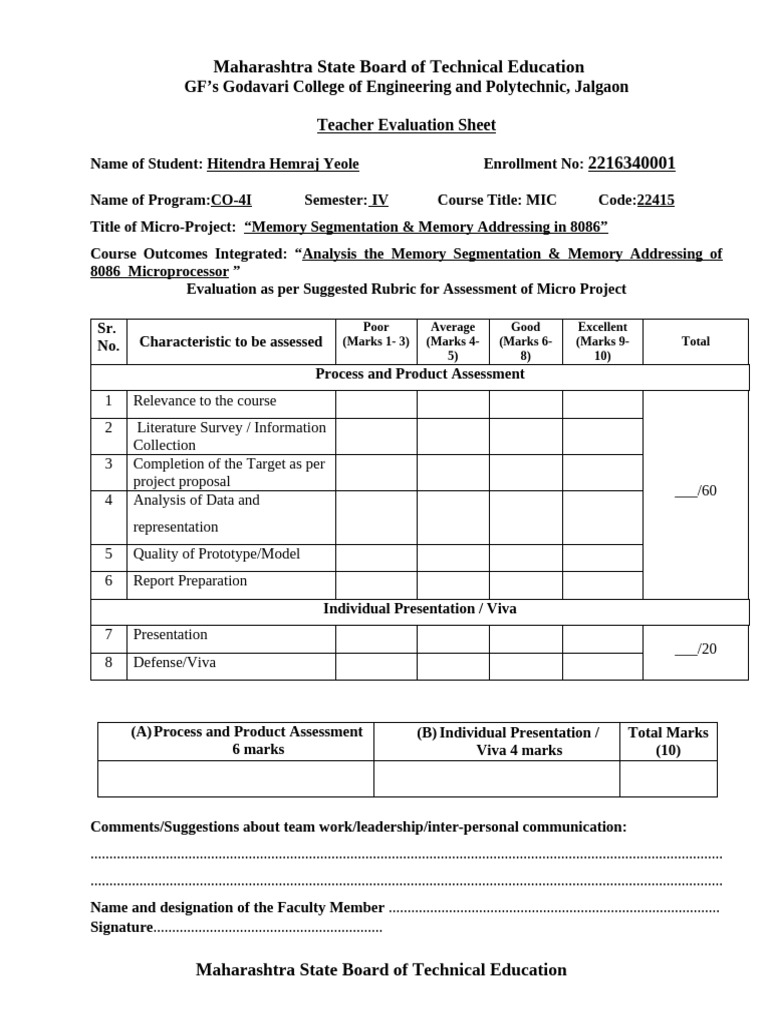 MIC Teacher Evaluation Sheet | PDF
