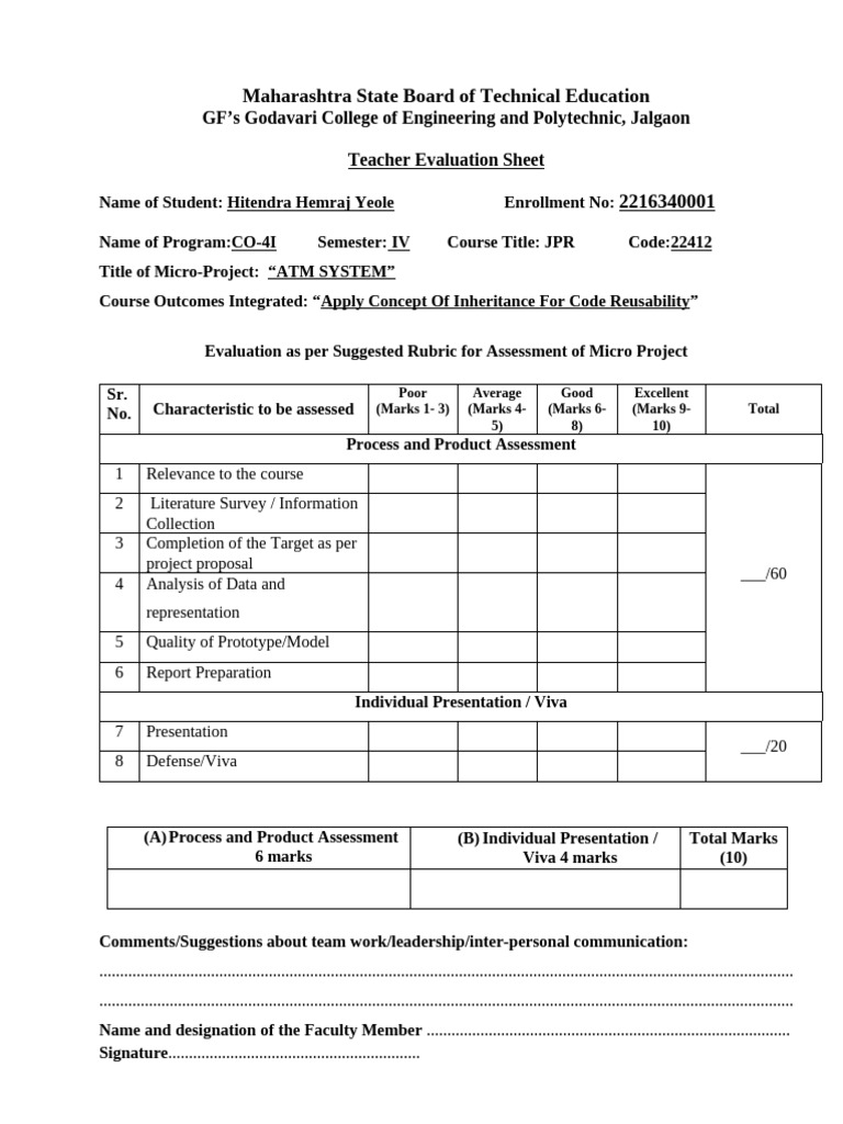 JPR Teacher Evaluation Sheet | PDF