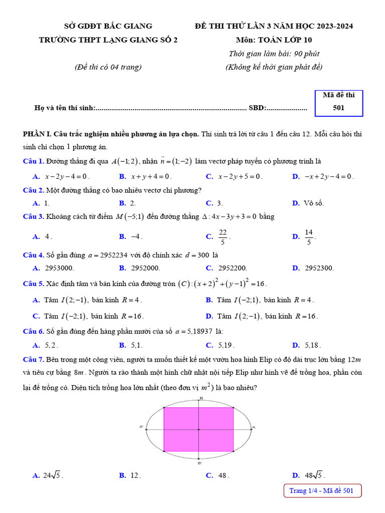 De Thi Thu Lan 3 Toan 10 Nam 2023 2024 Truong THPT Lang Giang 2 Bac Giang | PDF
