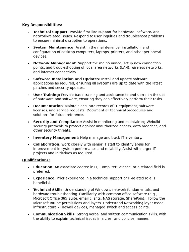 Job Description IT Tehnician | PDF