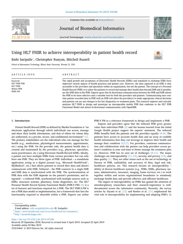 Saripalle_2019_Using HL7 FHIR to achieve interoperability in patient ... Saripalle_2019_Using HL7 FHIR to achieve interoperability in patient ...